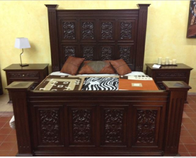 Carved hardwood and upholstered bed set | Mr Vallarta's